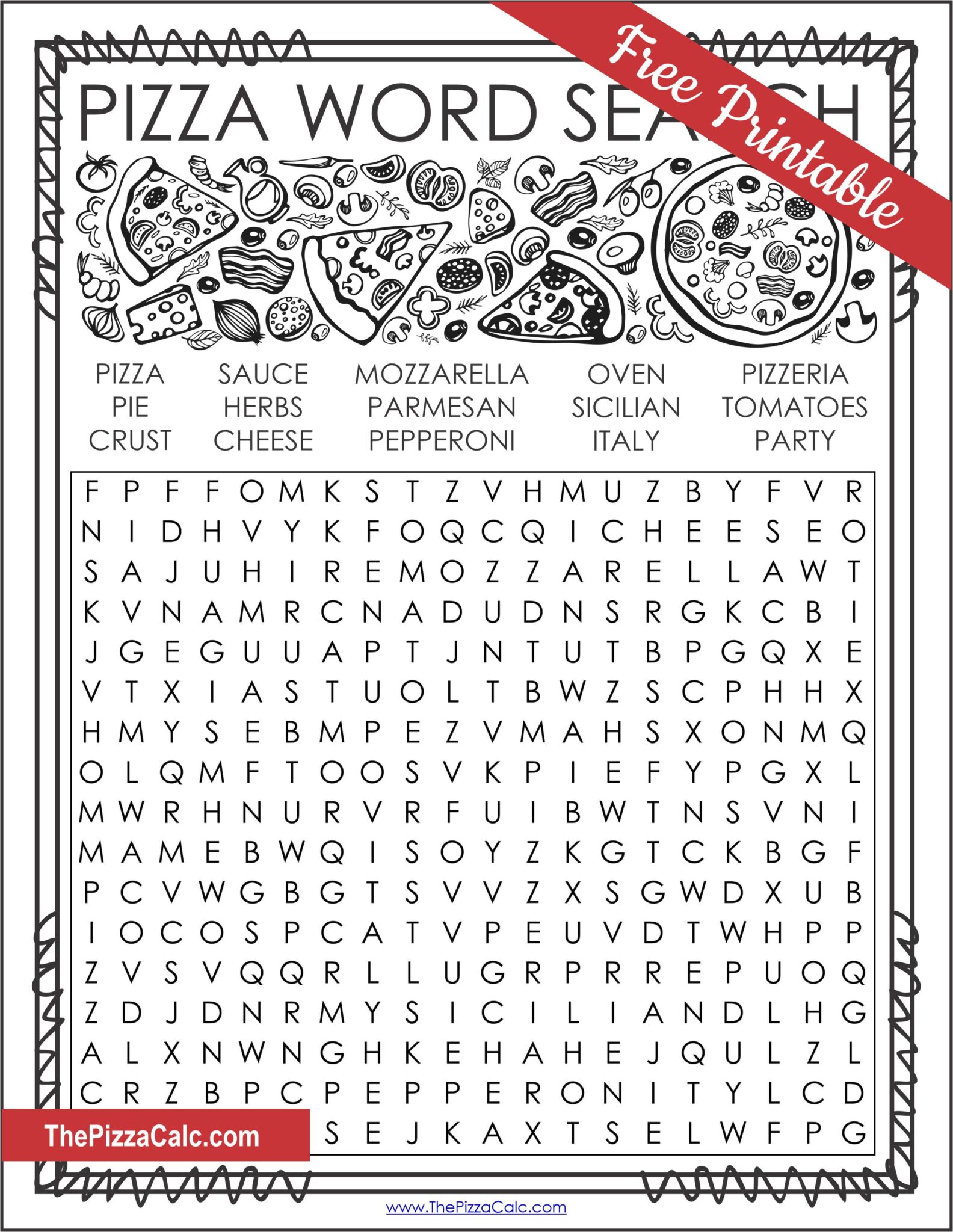 Pizza Word Search Puzzle PDF Freebie - The Pizza Calc